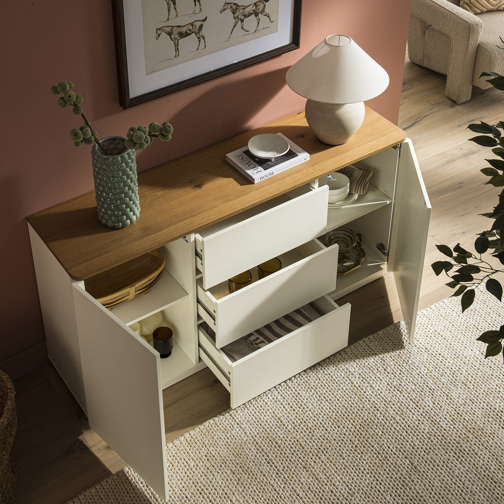 Agnes Curved Edge 2 Door 3 Drawer Wide Sideboard, Off White with Oak T | daals.com