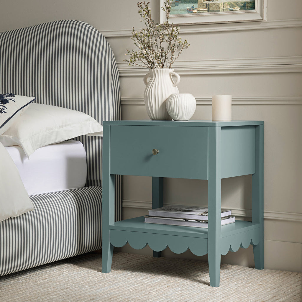 Henley Scalloped Edge Nightstand with Drawer, Blue Spruce | daals.com