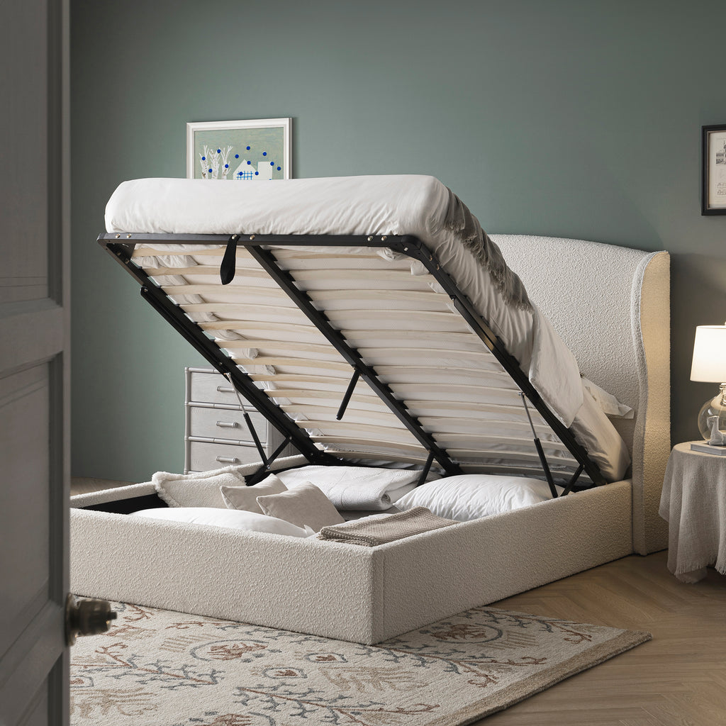 Kimberly Winged Upholstered Storage Bed, Ecru Boucle | daals.com