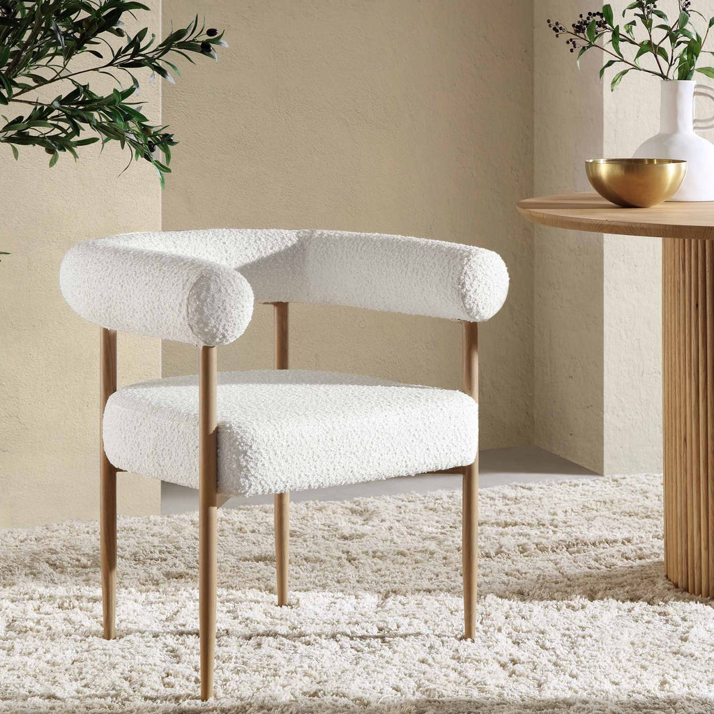 Fulbourn White Boucle Dining Chair with Natural Wood Effect Legs | daals.com