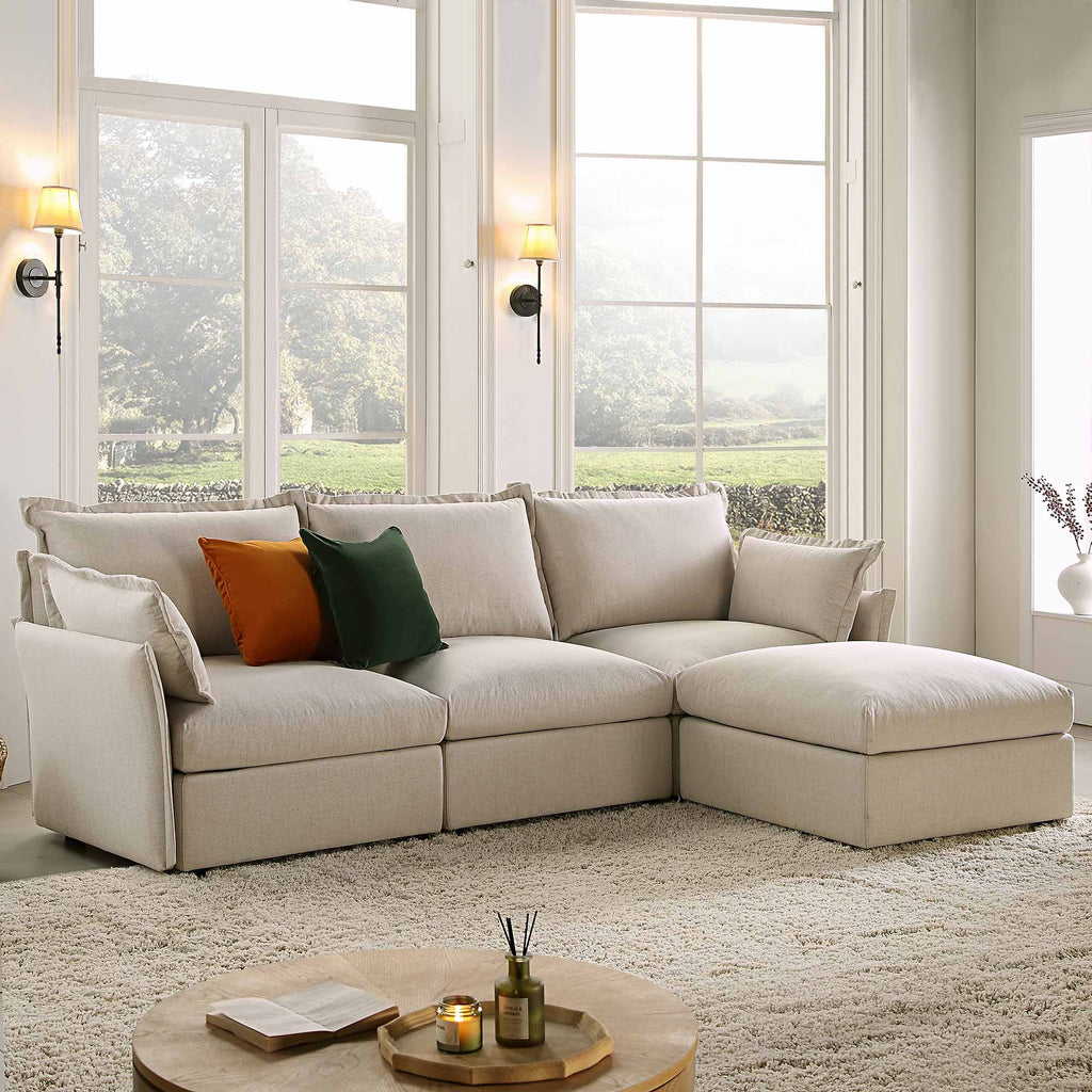 Byron Pillow Edge Beige Fabric Sectional Sofa, 3-Seater Chaise | daals.com