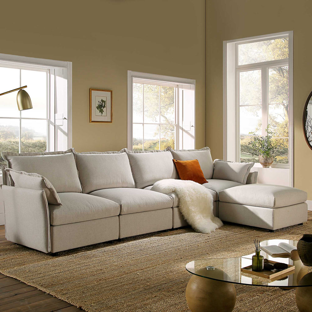 Byron Pillow Edge Beige Fabric Sectional Sofa, 4-Seater Chaise | daals.com