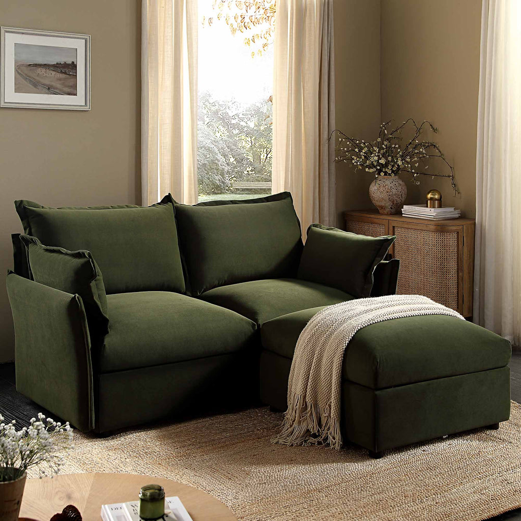 Byron Pillow Edge Moss Green Velvet Sectional Sofa, 2-Seater Chaise ...