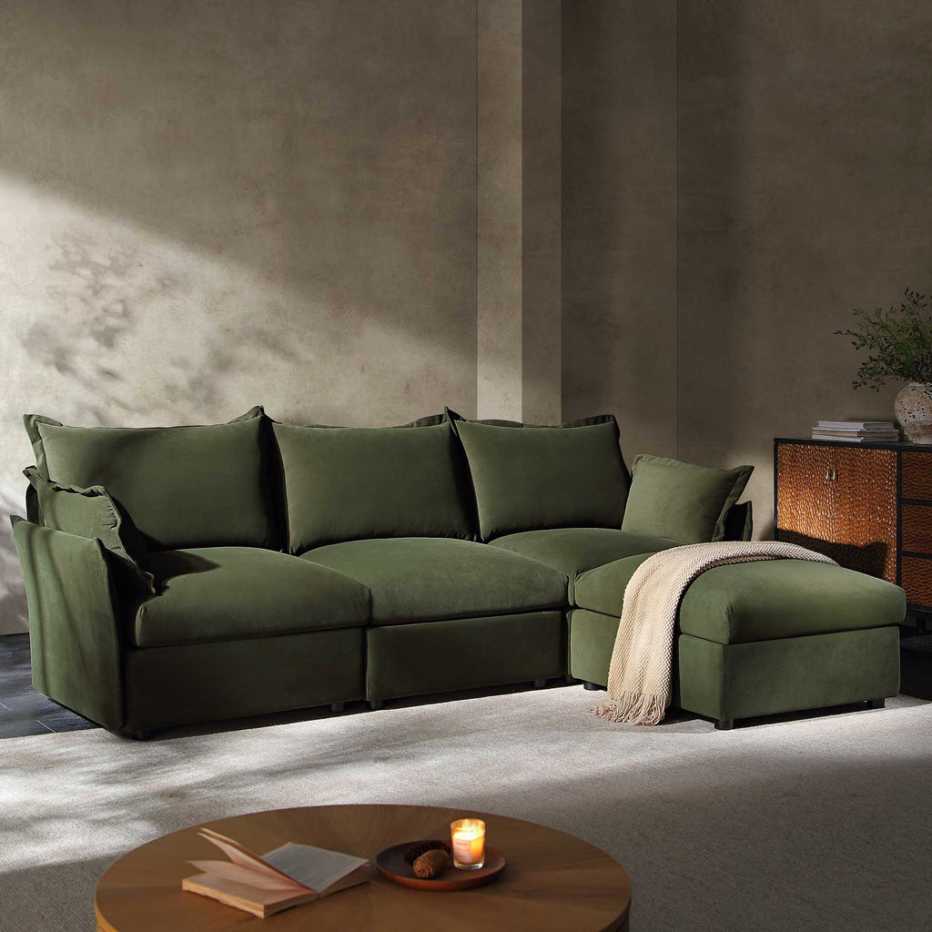 Byron Pillow Edge Moss Green Velvet Sectional Sofa, 3-Seater Chaise ...