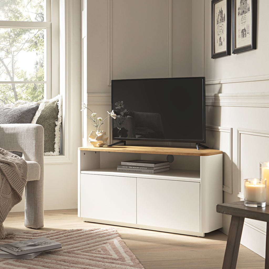 Agnes Curved Edge Corner TV Unit, Off White with Oak Top | daals.com