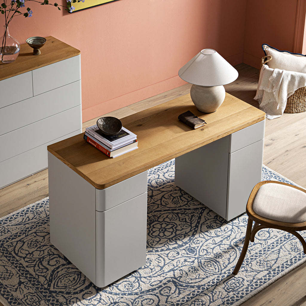 Agnes Curved Edge Desk with Storage, Dove Gray with Oak Top | daals.com