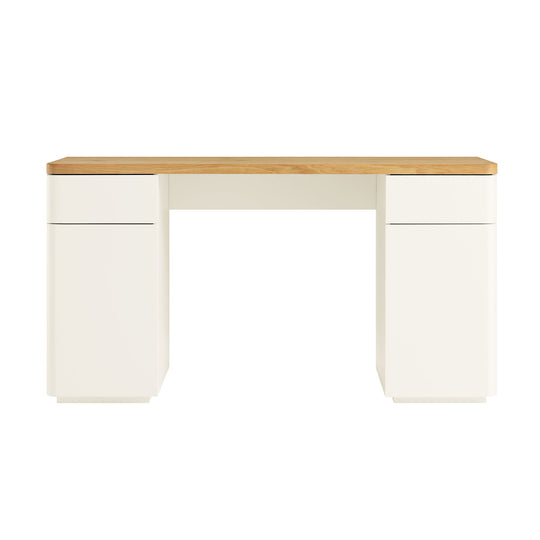 Agnes Curved Edge Desk with Storage, Off White with Oak Top | daals.com