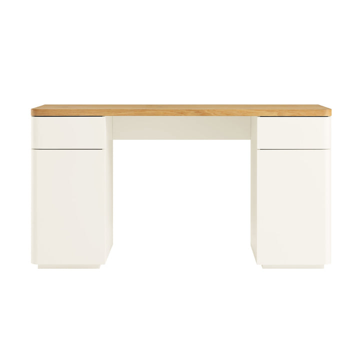 Agnes Curved Edge Desk with Storage, Off White with Oak Top | daals.com