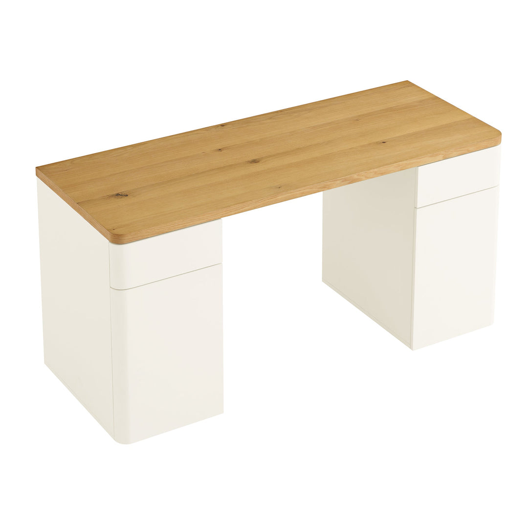 Agnes Curved Edge Desk with Storage, Off White with Oak Top | daals.com