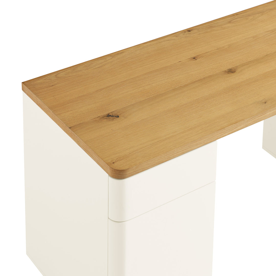 Agnes Curved Edge Desk with Storage, Off White with Oak Top | daals.com