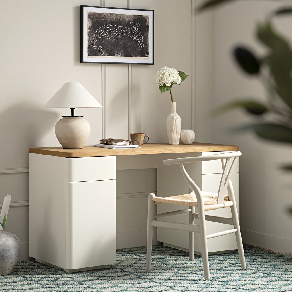 Agnes Curved Edge Desk with Storage, Off White with Oak Top | daals.com