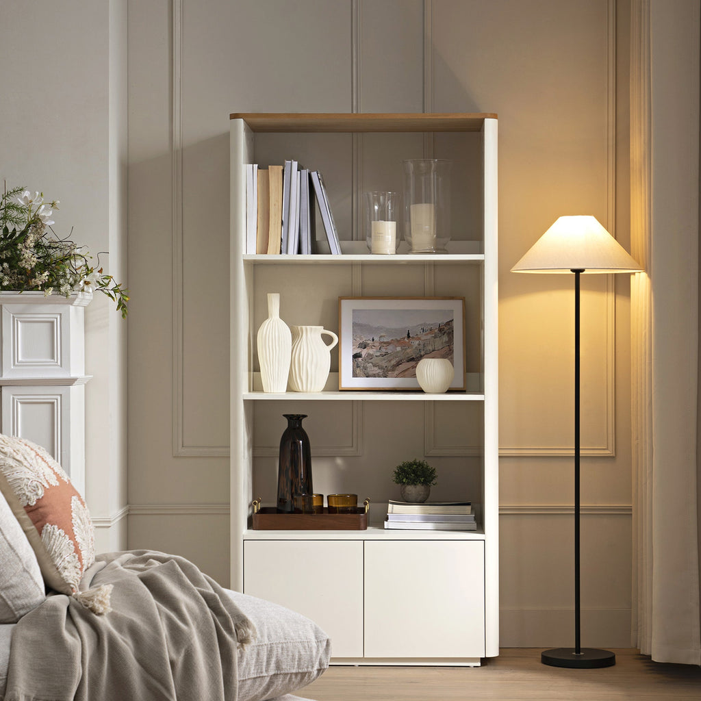 Agnes Curved Edge Bookcase, Off White with Oak Top | daals.com