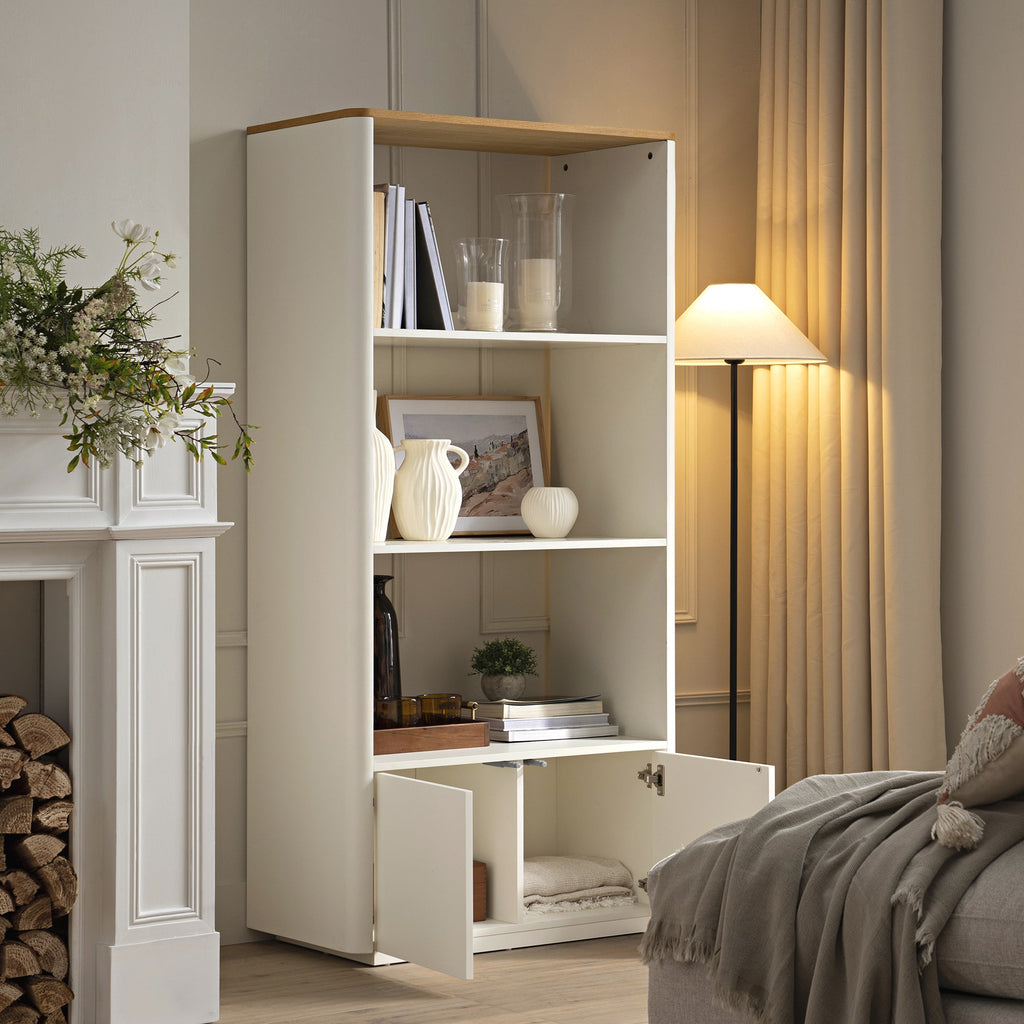 Agnes Curved Edge Bookcase, Off White with Oak Top | daals.com