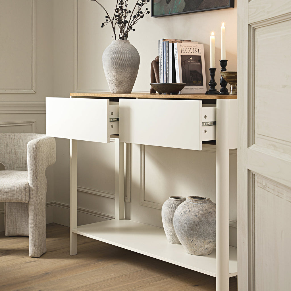Agnes Curved Edge 2 Drawer Console Table, Off White with Oak Top ...