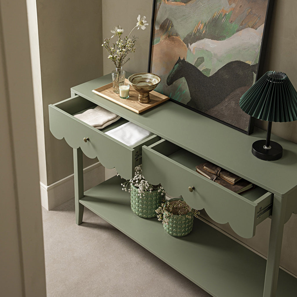 Henley Scalloped Edge Console Table, Sage Green | daals.com