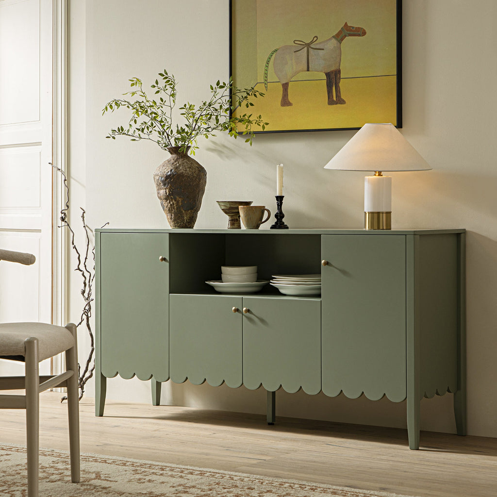 Henley Scalloped Edge 59 in. Wide Sideboard with Open Shelf, Sage Gree ...