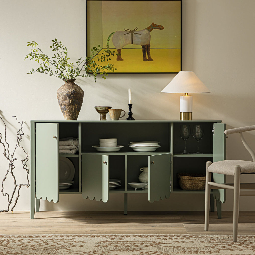 Henley Scalloped Edge 59 in. Wide Sideboard with Open Shelf, Sage Gree ...