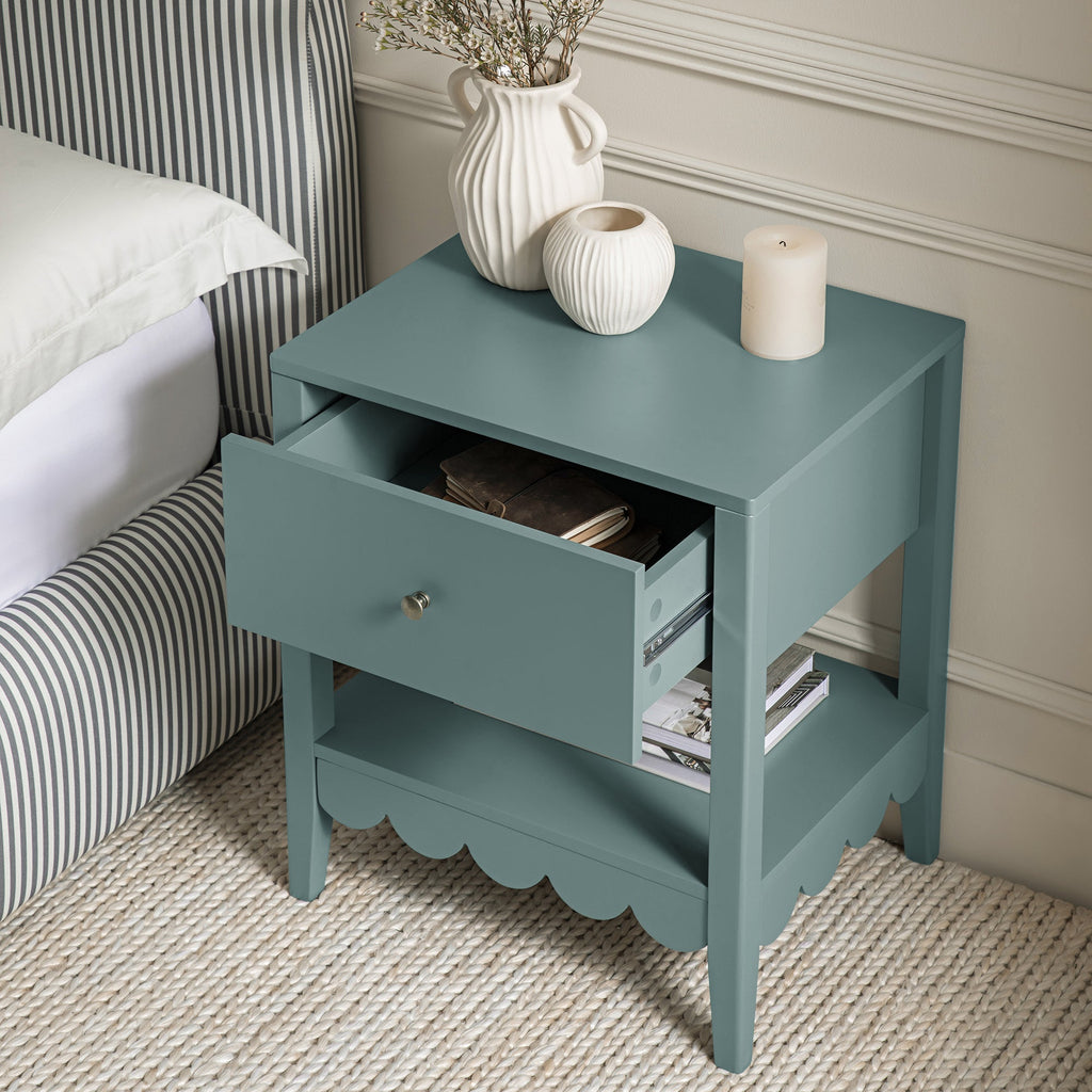 Henley Scalloped Edge Nightstand with Drawer, Blue Spruce | daals.com