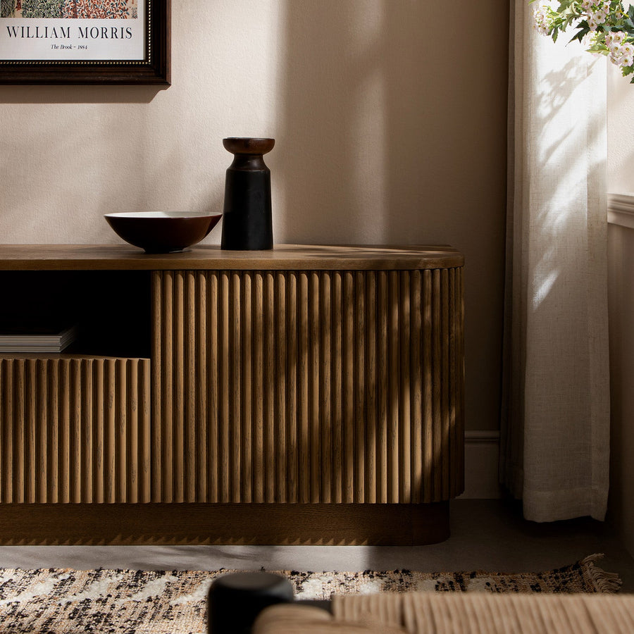 Maru 79" Wide Media Unit with Drawers, Silver Oak | daals.com