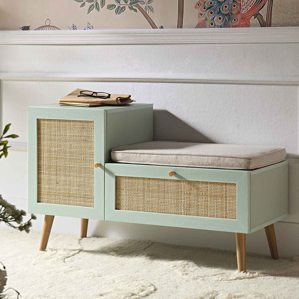 Frances Woven Rattan Storage Bench with Cushion, Mint | daals.com