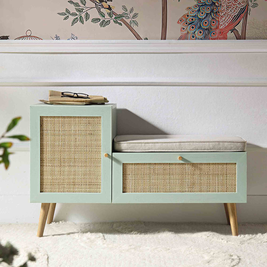 Frances Woven Rattan Storage Bench with Cushion, Mint | daals.com