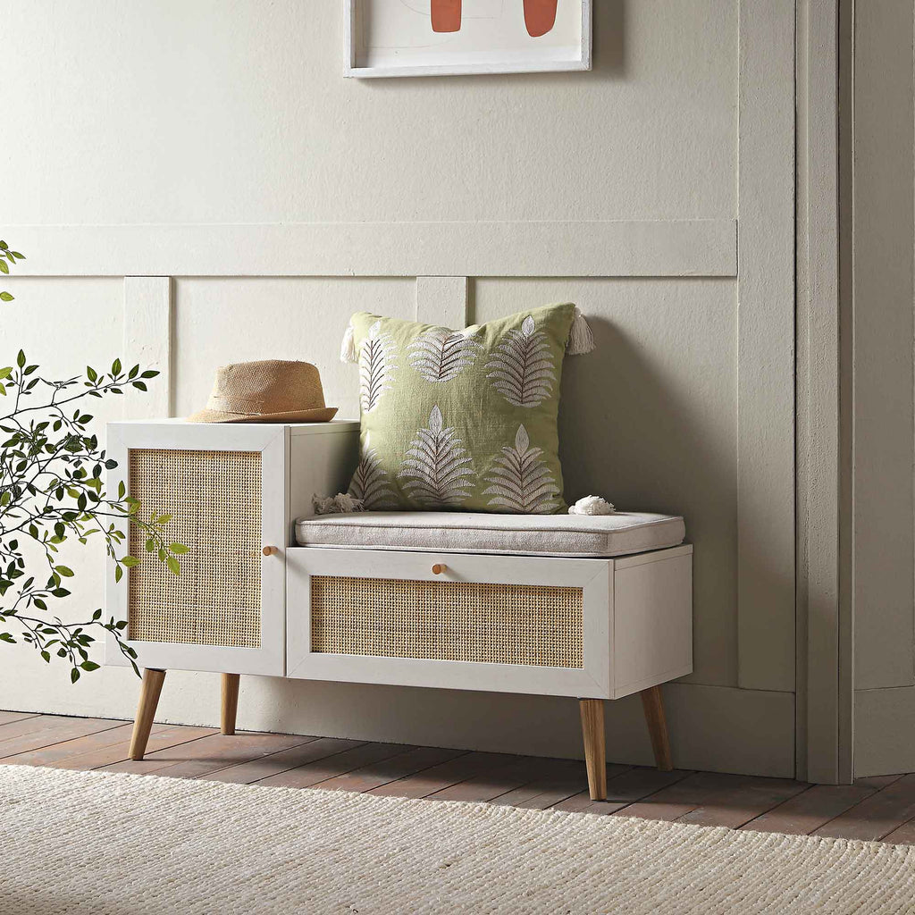 Frances Woven Rattan Storage Bench with Cushion, White | daals.com