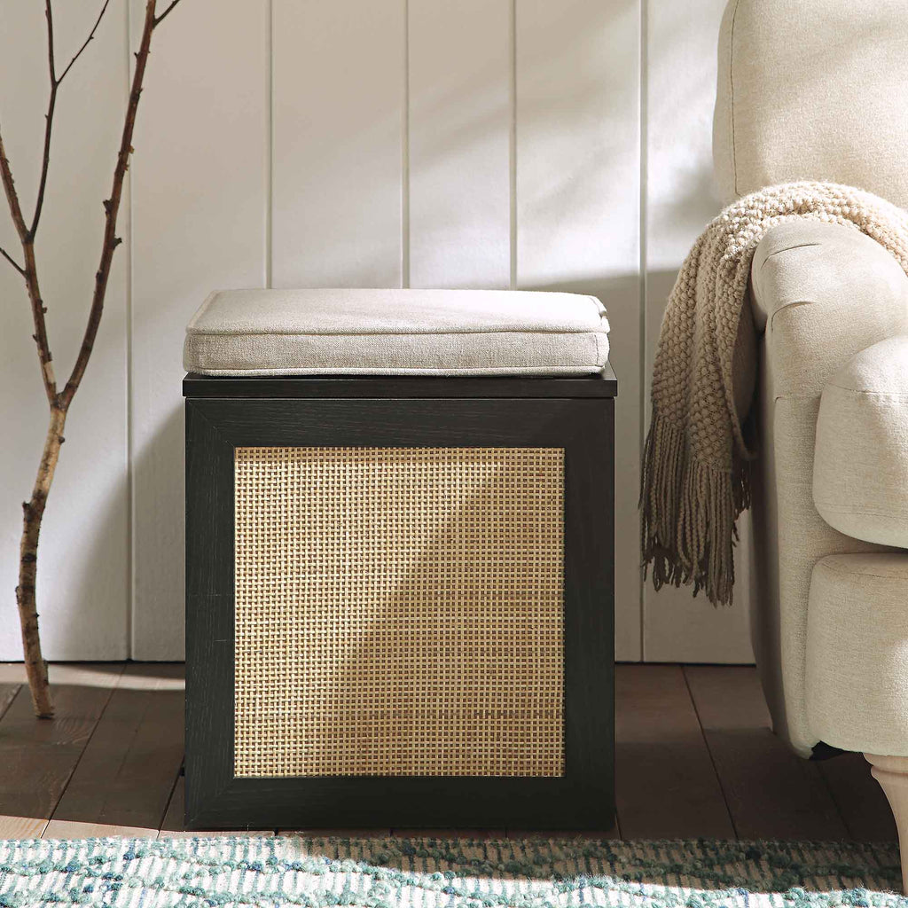 Frances Woven Rattan Single Storage Stool with Cushion, Black | daals.com