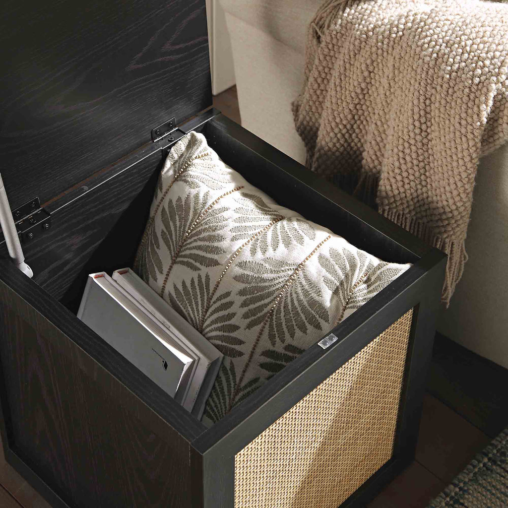 Frances Woven Rattan Single Storage Stool with Cushion, Black | daals.com