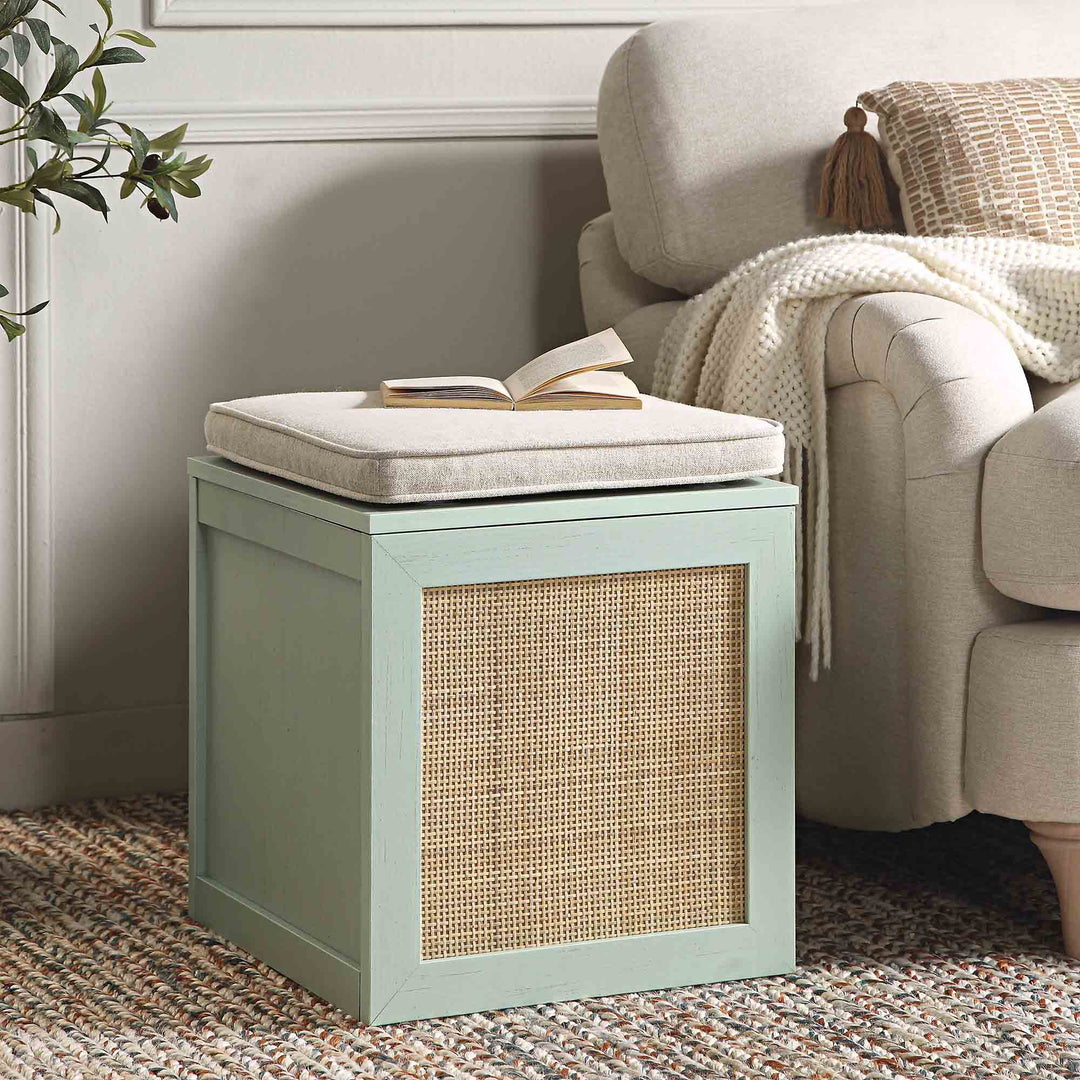 Frances Woven Rattan Single Storage Stool with Cushion, Mint | daals.com