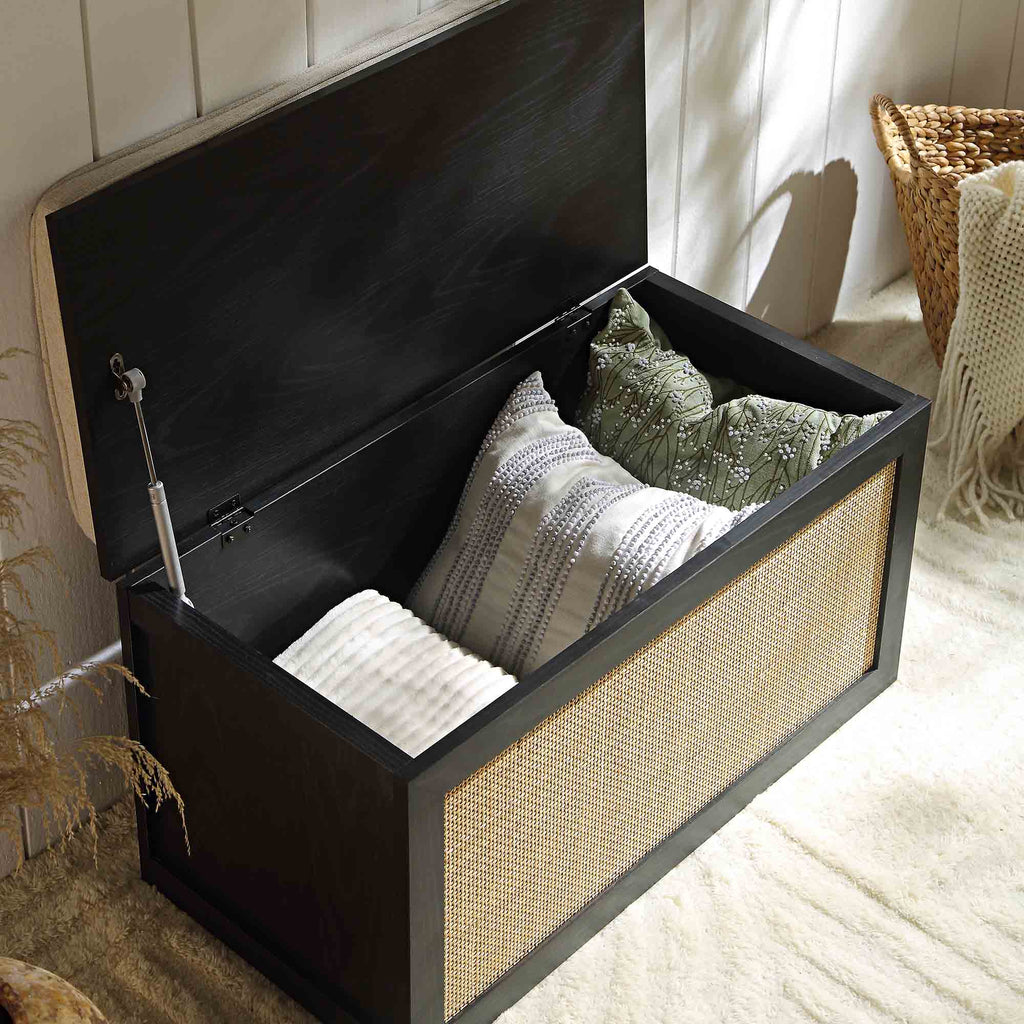 Frances Woven Rattan Double Storage Stool with Cushion, Black | daals.com