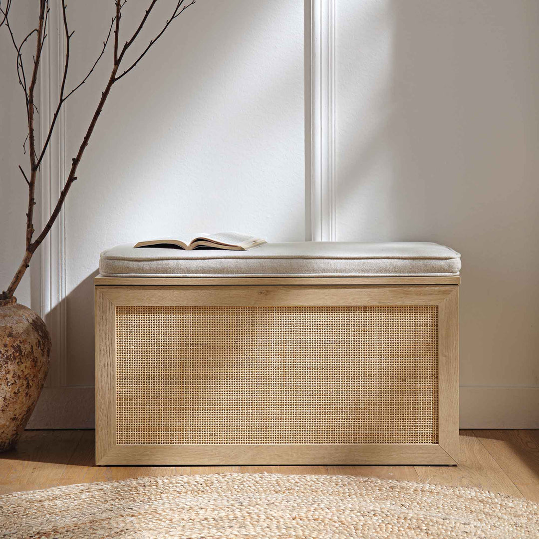 Frances Woven Rattan Double Storage Stool with Cushion, Natural | daals.com