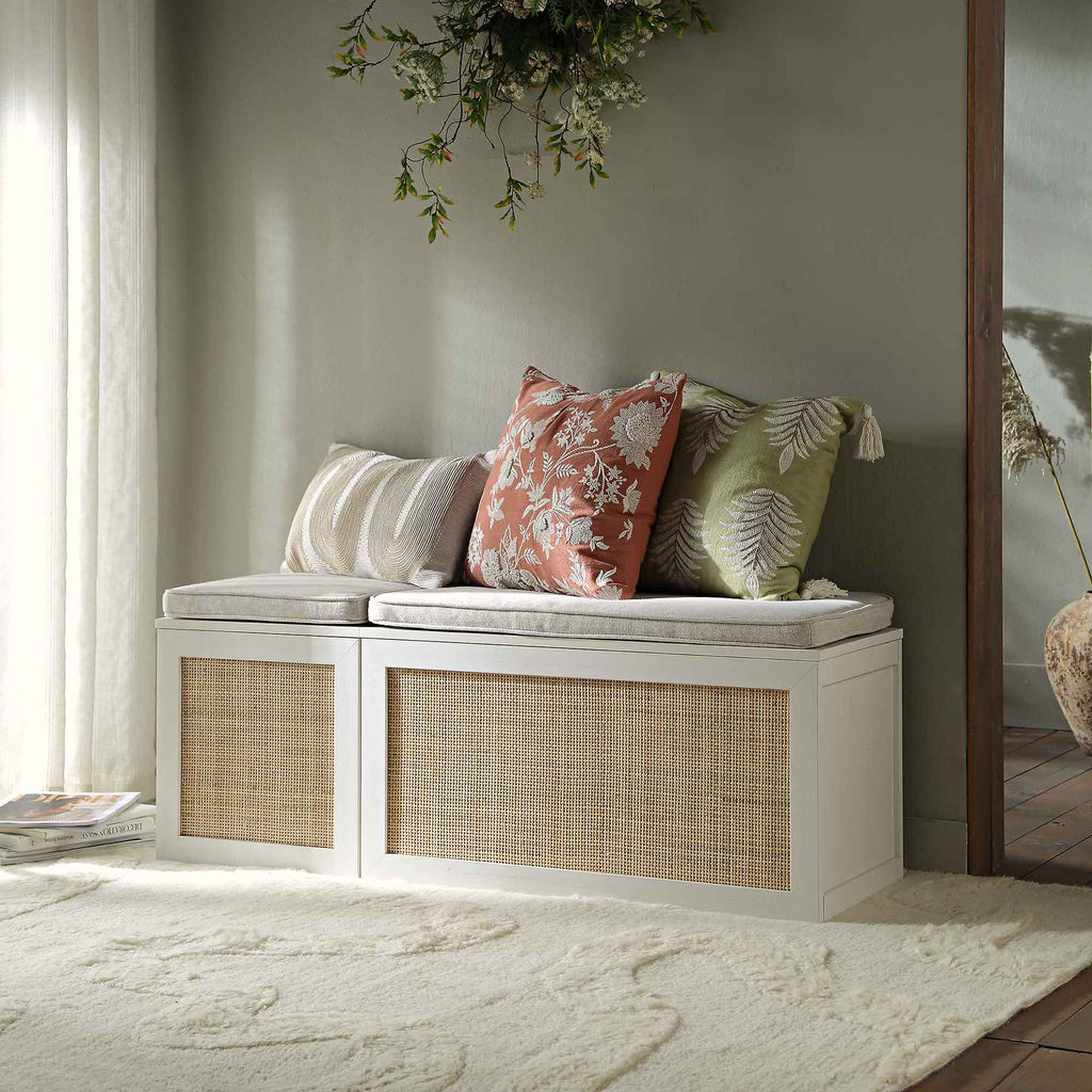 Frances Woven Rattan Triple Storage Stool Set with Cushion, White ...