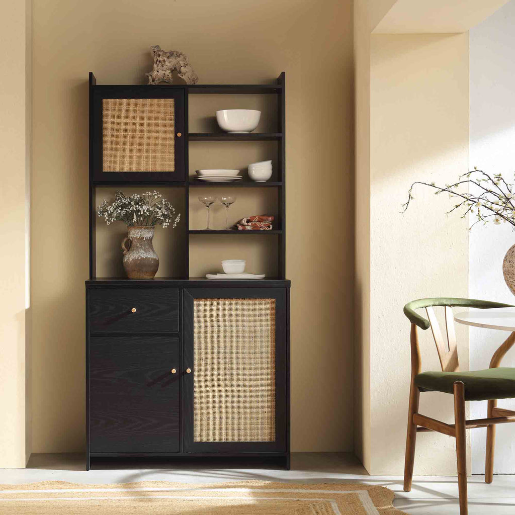 Frances Woven Rattan Pantry Cabinet, Black | daals.com