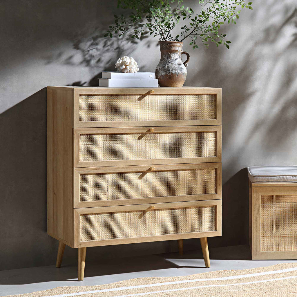 Frances Woven Rattan Tall 4 Drawer Dresser, Natural | daals.com