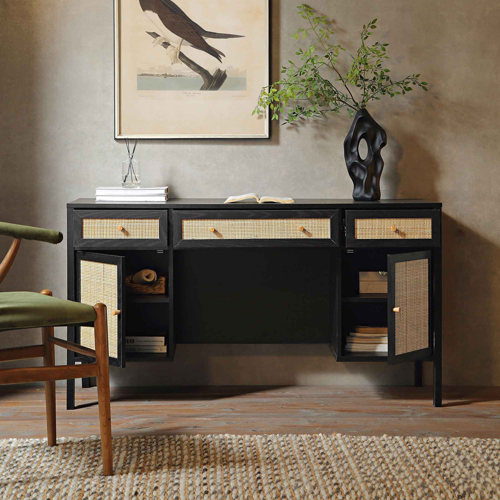 Frances Woven Rattan 3-Drawer Desk, Black | daals.com