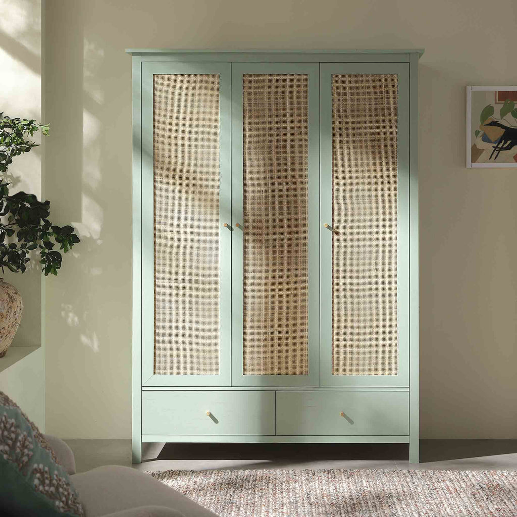 Frances Rattan Triple Closet with 2 Drawers, Mint | daals.com