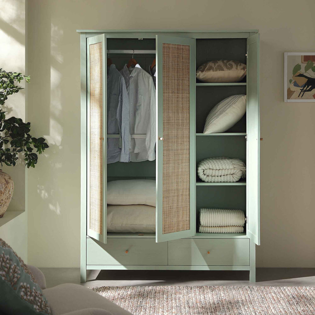 Frances Rattan Triple Closet with 2 Drawers, Mint | daals.com