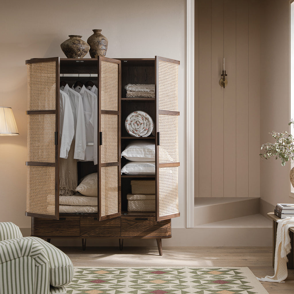 Izzy Curved Rattan Triple Closet, Walnut | daals.com