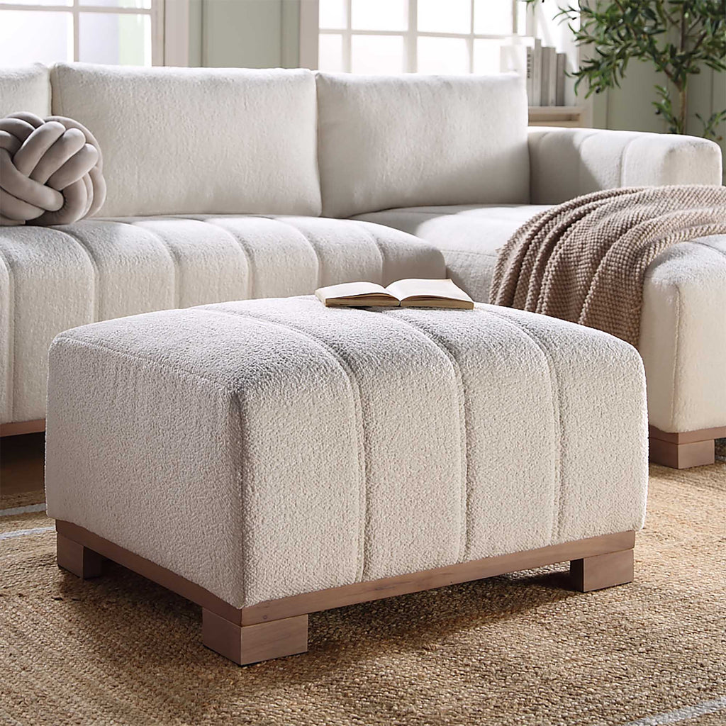 Belsize Beige Boucle Footstool with Wooden Base | daals.com