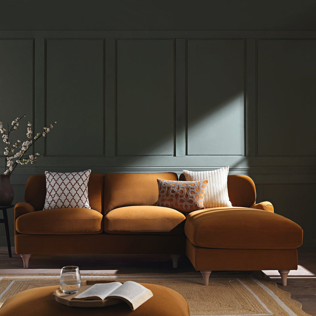 Daphnis Cinnamon Velvet Sofa, Grande Chaise Sofa Right Hand Facing ...