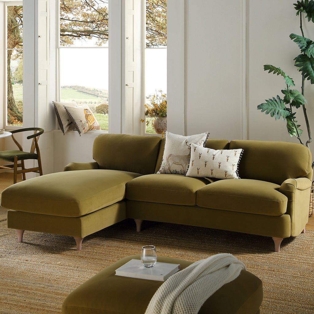 Daphnis Fudge Velvet Sofa, Grande Chaise Sofa Left Hand Facing | daals.com