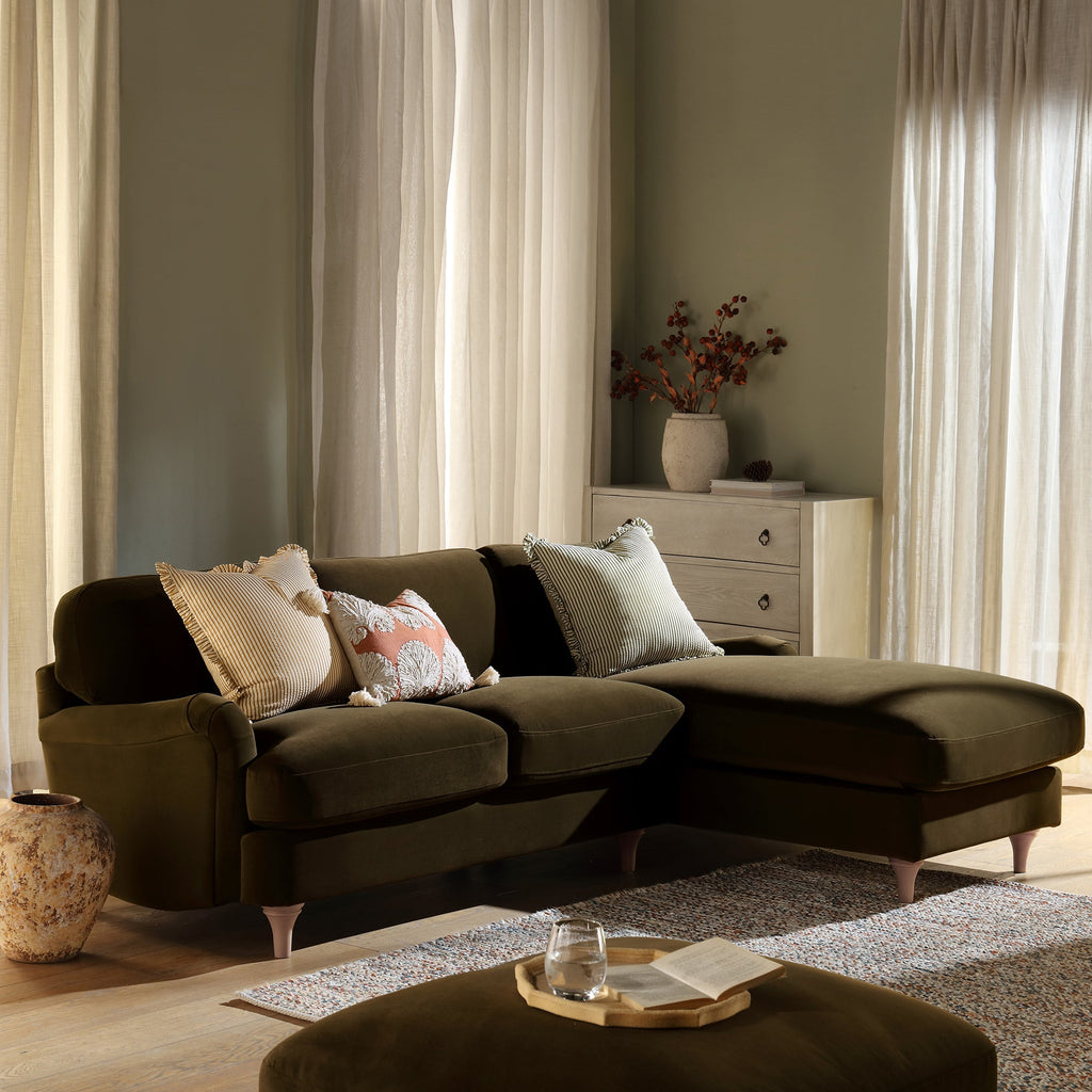 Daphnis Seaweed Velvet Sofa, Grande Chaise Sofa Right Hand Facing ...