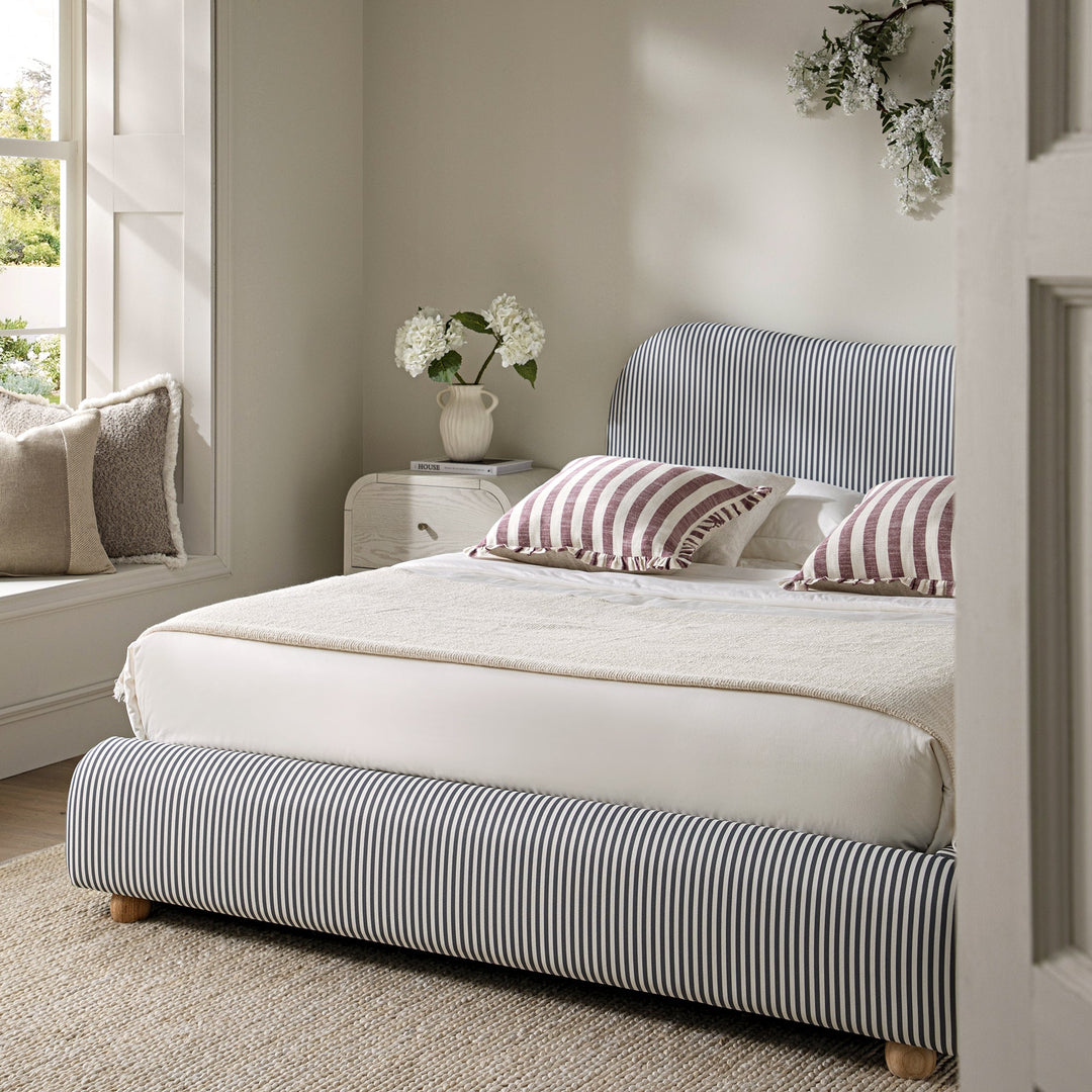 Egerie Curved Headboard Slate Blue Striped Fabric Ottoman Storage Bed ...