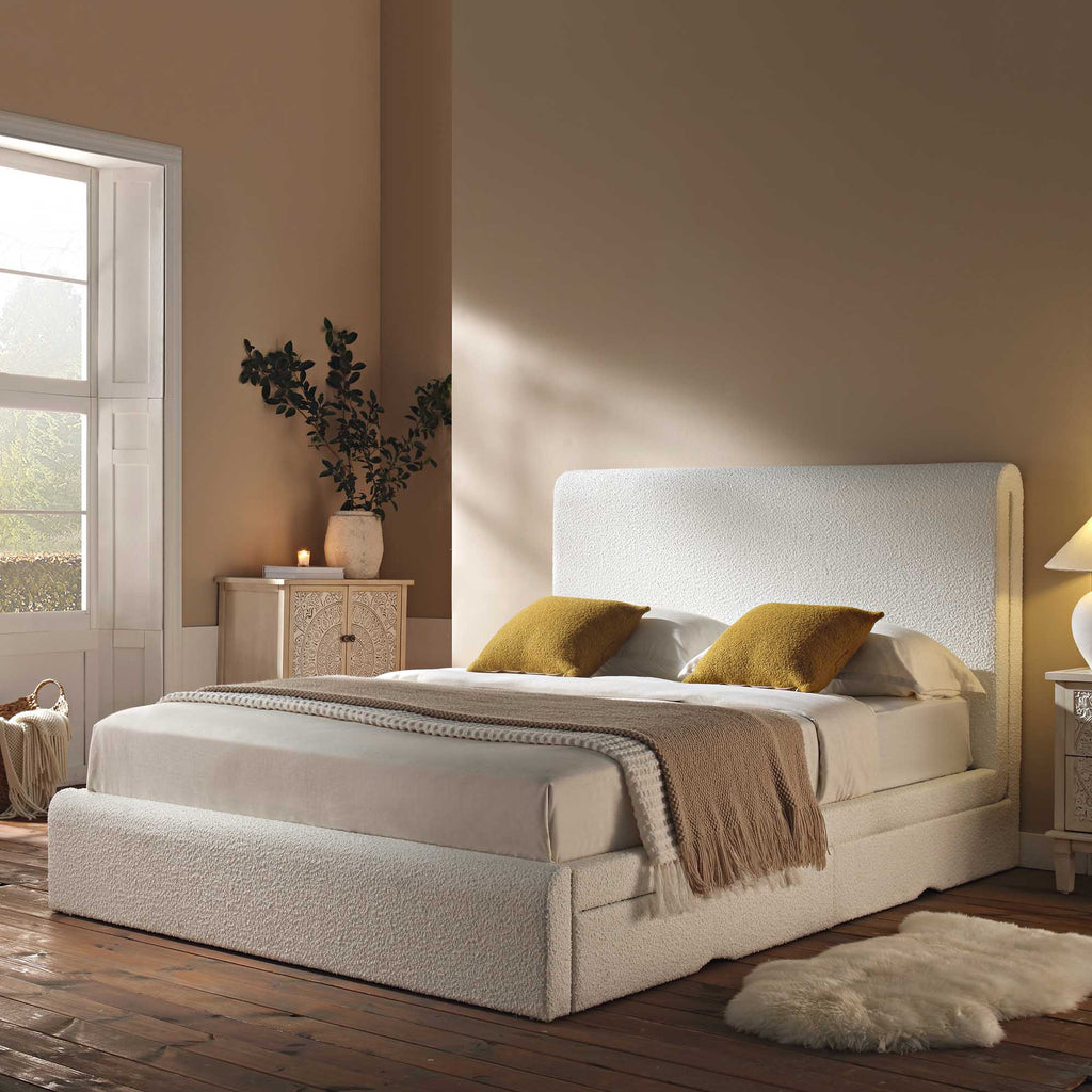 Hampstead Ecru Boucle Curved Bed with 4-Drawer Storage | daals.com