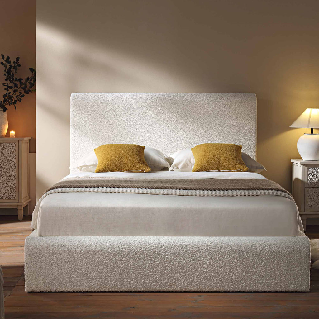 Hampstead Ecru Boucle Curved Bed with 4-Drawer Storage | daals.com