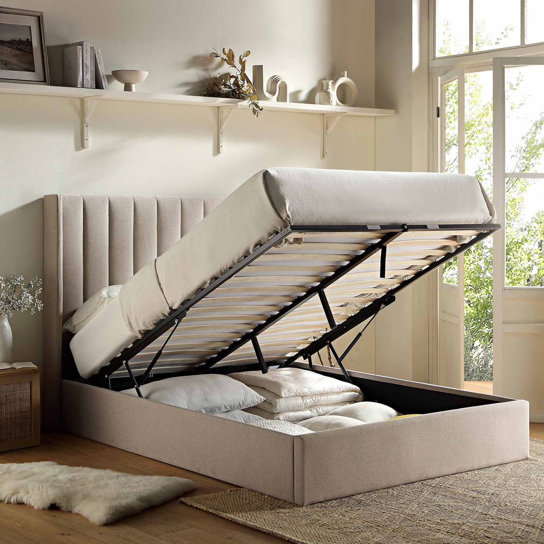 Wilton Warm Stone Fabric Ottoman Storage Bed | daals.com