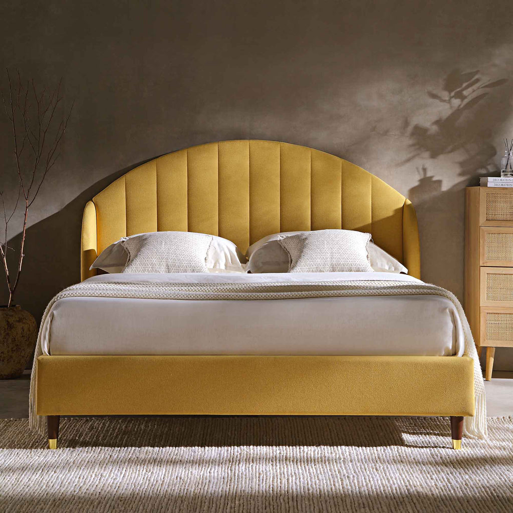 Eleanor Sunflower Yellow Fabric Upholstered Bed Frame with Domed Headb ...
