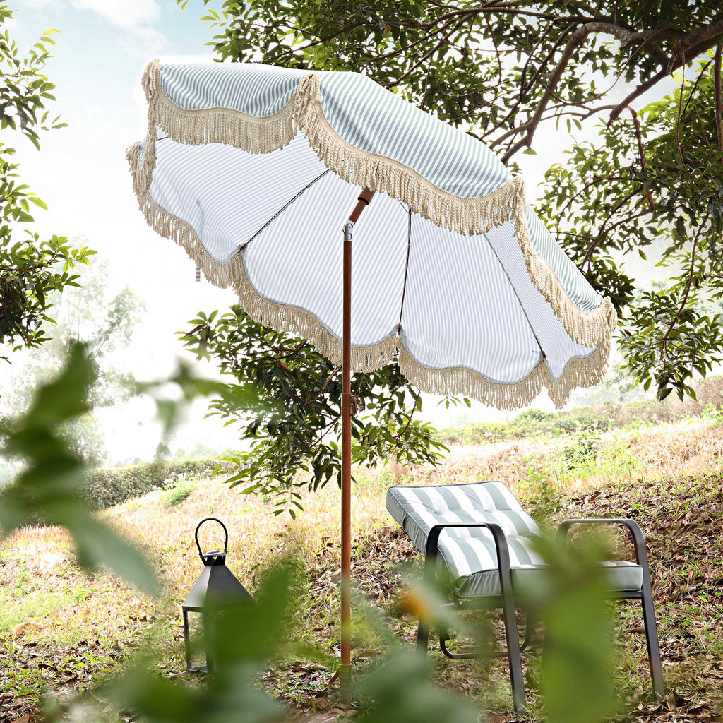 Gabriel Sage Green and White Striped Fringed Parasol with Tilt | daals.com