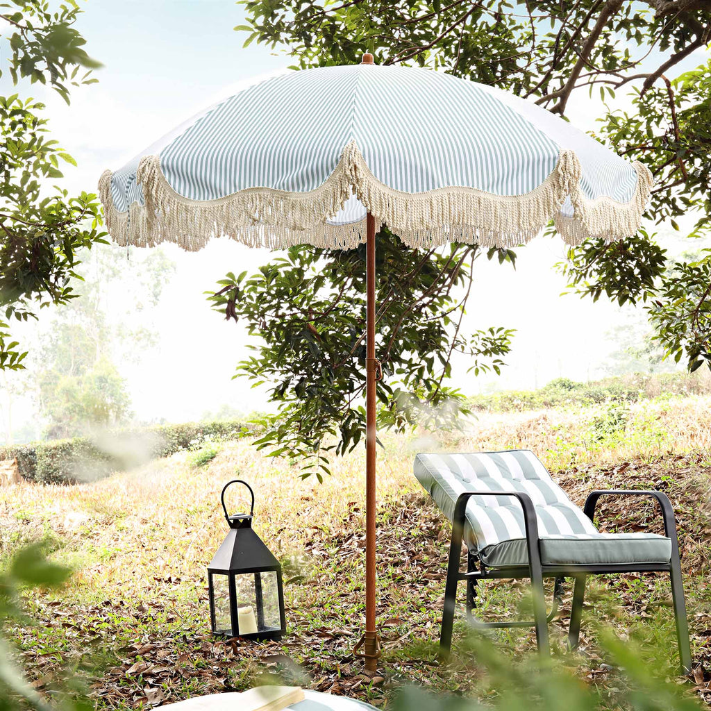 Gabriel Sage Green and White Striped Fringed Parasol with Tilt | daals.com