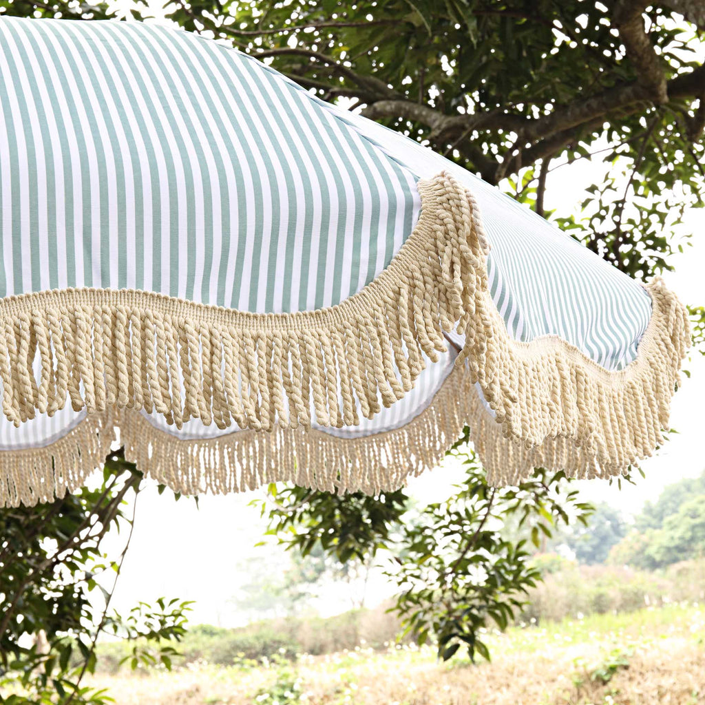 Gabriel Sage Green and White Striped Fringed Parasol with Tilt | daals.com